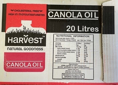 OIL CANOLA HARVEST BAG IN BOX 20LTR - Northern Foods